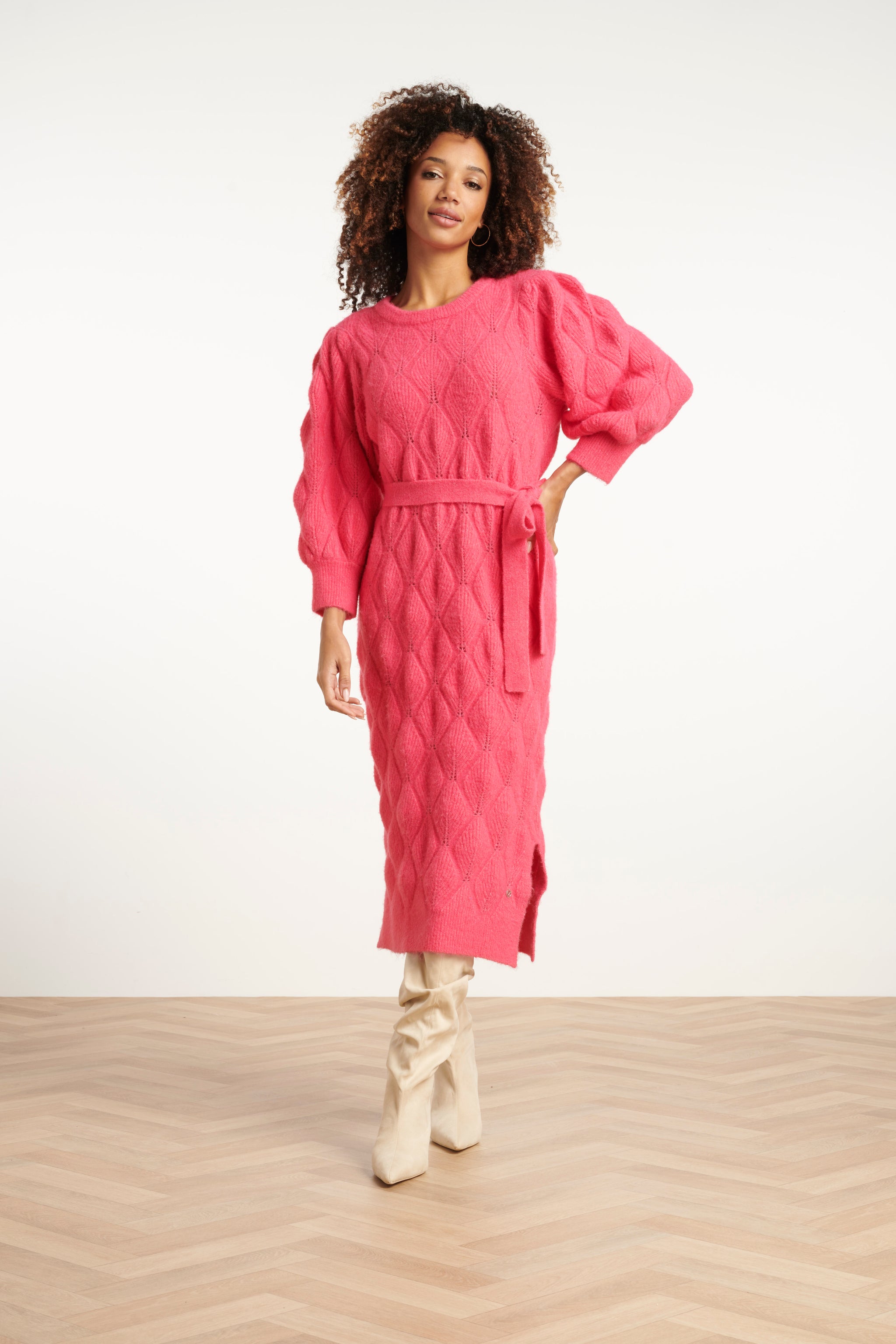 Smashed Lemon 25501 Damesgebreide Midi Jurk | Cerise